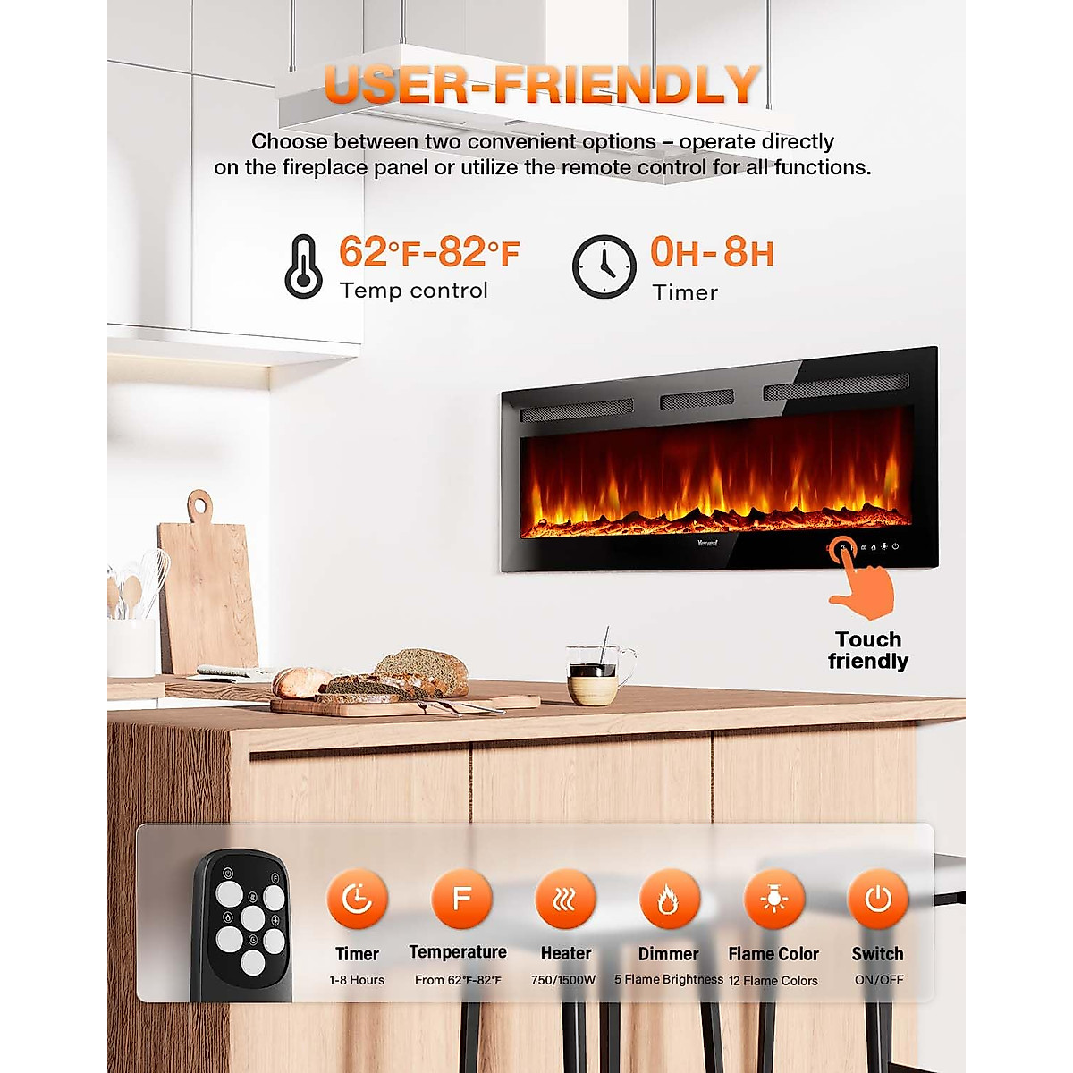 VISVEIL Electric Fireplace 50Inch,Realistic Flame Electric Fireplace Heater,Log Set/Crystal Flames 750-1500W with Timer Inserts/Wall Mounted/TV Stand Touch Screen & Remote