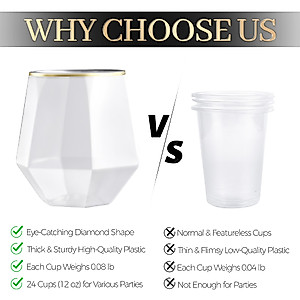 PETIARKIT 24 Pack Plastic Stemless Wine Glasses, Disposable Diamond Shaped Wine Glasses, 12Oz Plastic Whiskey Glasses for Parties, Birthdays, Housewarmings, Wedding (Gold Rim)