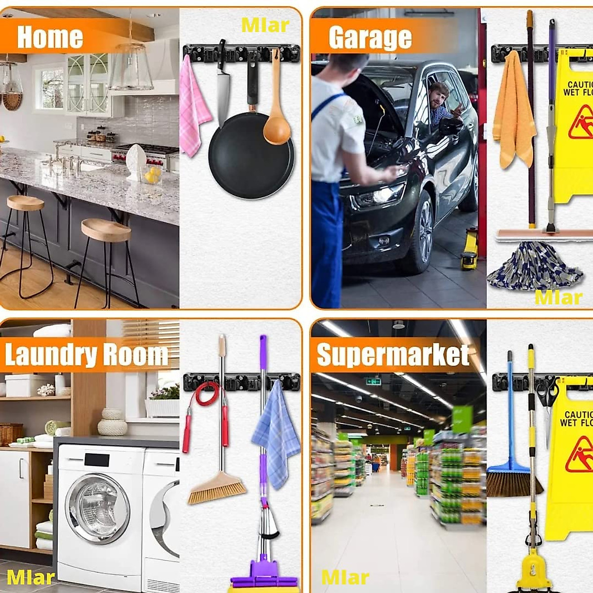 Mop and Broom Holder, Wall Mounted Organizer, Garage Storage Rack & Garden Tool Organizer, 5 Slots with 6 Hooks Kitchen, Garage and Laundry