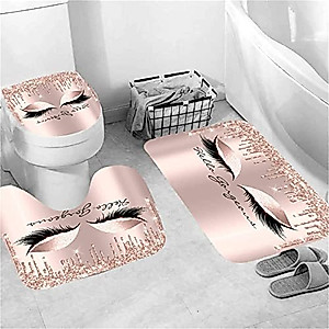 Byitre 4PCS Shower Curtain Set with Rugs,Toilet Lid Cover and U-Shaped Mat,African American Shower Curtains for Bathroom Waterproof Polyester Black Women Bathroom Sets, 71'' x 71'' (QY005Eyelashes)