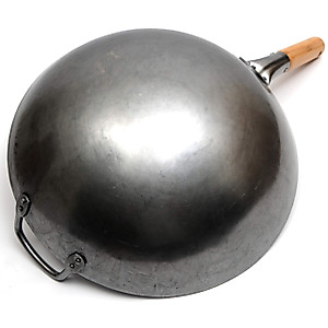 Chef's Medal Traditional Hand Hammered Carbon Steel Pow Wok with Bamboo and Steel Helper Handle - 14 Inch, Round Bottom