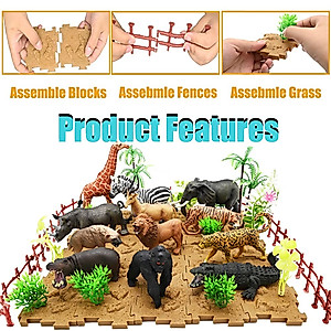 65PCS Safari Animal Figurines Toy Set, Realistic Jungle Zoo Figures with Elephant, Lion, Giraffe, Fence, Building Blocks for Kids Ages 3-8