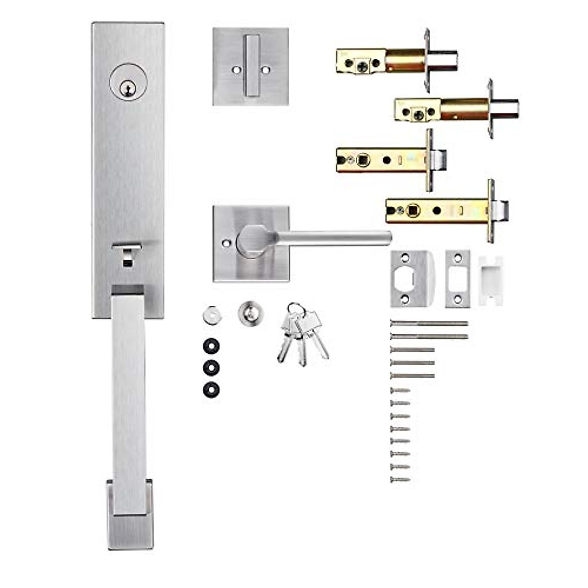 TOGU HS28L Front Door Handleset with Lever Handle in Satin Nickel,Contemporary Entry Door Lockset for Home Exterior Doors