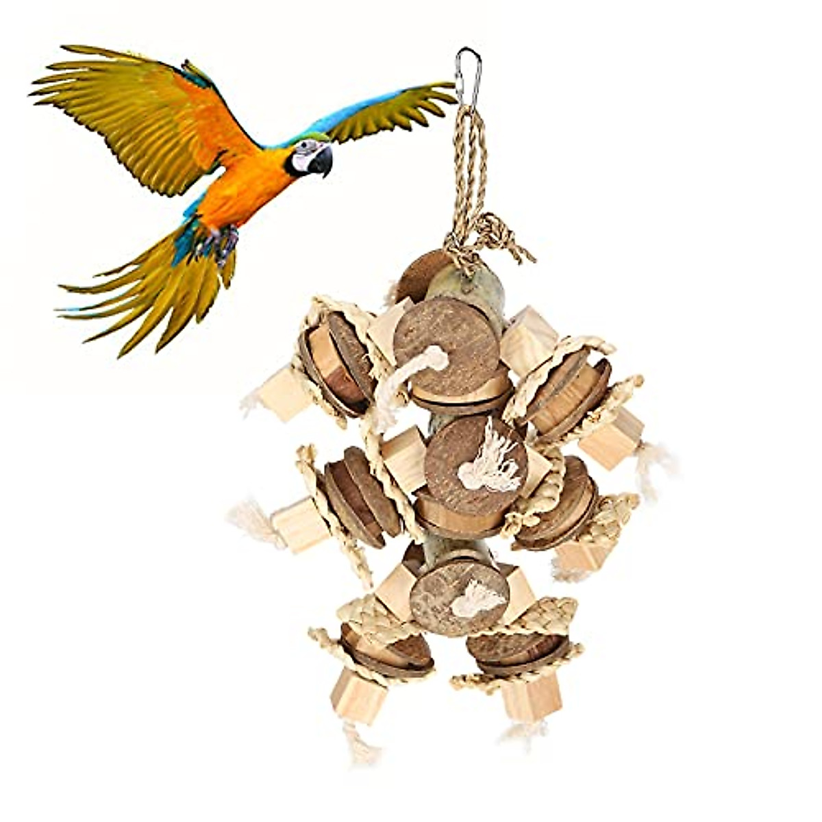 Zerodis Parrot Chewing Toy, Bird Coconut Beak Grinding Plaything Toy Parrot Cage Bite Toys with Blocks for Conures Cockatiels African Grey Macaws