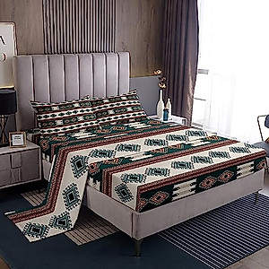 Western Decor Sheets King Size Southwestern Bed Sheet Set for Kids Boys Girls Cowboy Aztec Bed Sheets Women Men Teens Blue Brown Beige Native Indian Tribal Navajo Bedding Fitted Sheet Flat Sheets