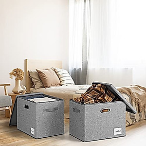 LHZK Extra Large Storage Bins with Lids 16x12x12 Foldable Linen Fabric Storage Boxes with Lids, Decorative Fabric Storage Bins with Label & 3 Handles for Shelves Bedroom Home Office (Grey, 2-Pack)