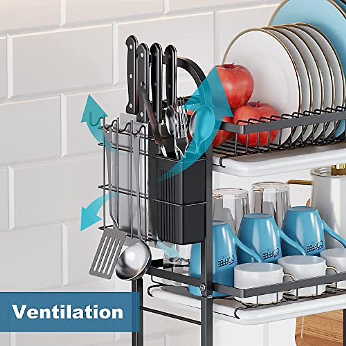 DUANFEE Dish Drying Rack for Kitchen Counter, 3 Tier Dish Rack with Drainboard, Large Dishes Racks Rustproof Dish Dryer Rack, Black