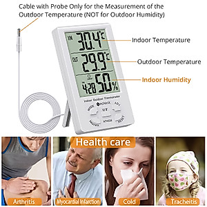 Neoteck 3 in 1 Thermometer Hygrometer with Clock Large LCD Display, Digital Humidity Temperature Meter 1.5m Sensor Wire for Indoor Outdoor Use