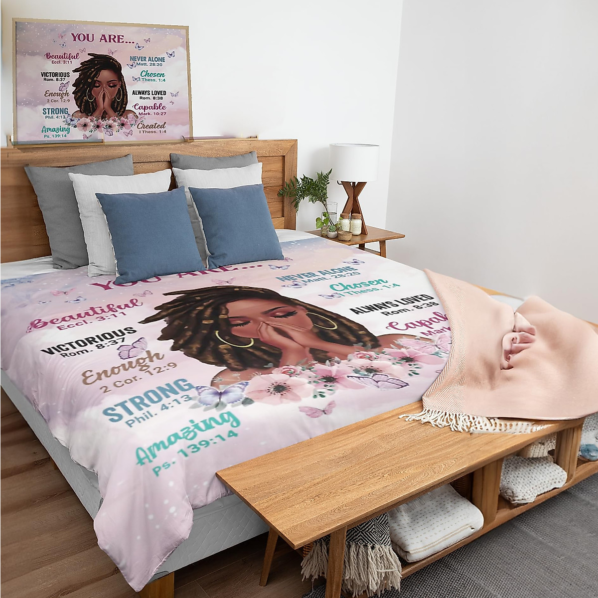 TRENDYNEST Kids Comforter Sets Queen Size, Prayer Girl and African American Girl Inspirational Quotes with Floral Butterfly, Teens Bedding Sets for Girls Women (Queen, Pink White)