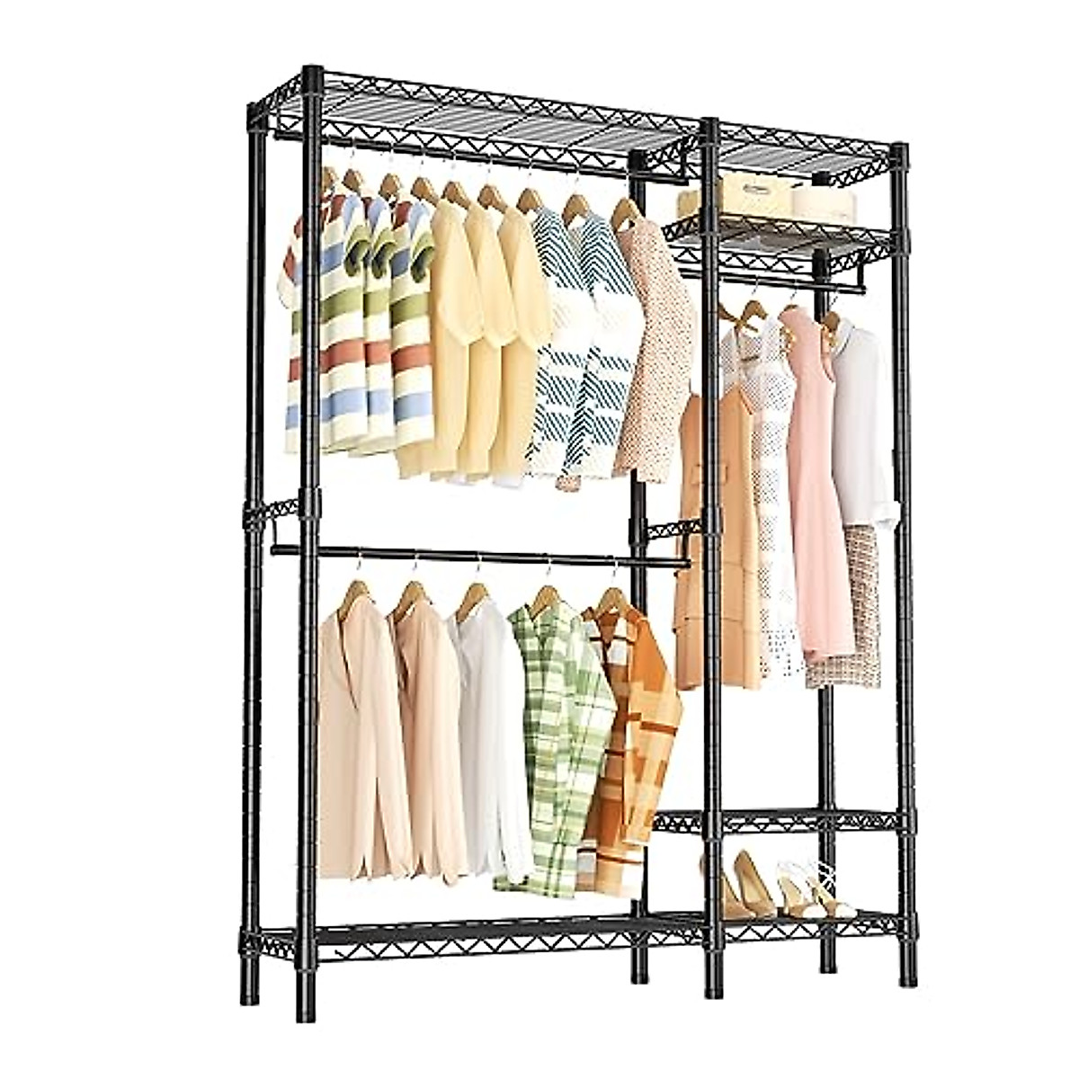 Heavy Duty Clothes Rack Clothing Rack for Hanging Clothes,Large Metal Garment Rack with 4 Tiers Adjustable Wire Shelves&3 Hanger Rods,Freestanding Closet Wardrobe System,MaxLoad 700lbs