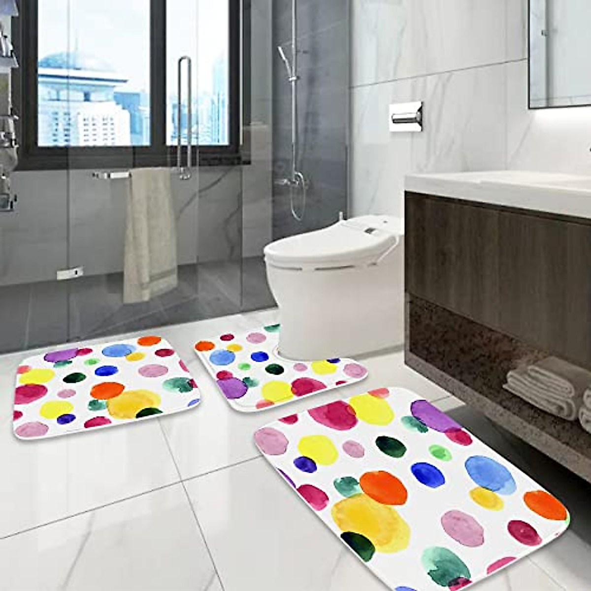 TheBlackSpot Colorful Cartoon Polka Dot Bathroom Rugs Bath Mat Sets 3 Piece Memory Foam Anti Slip Absorbent Mats,U-Shaped Contour Shower Mat