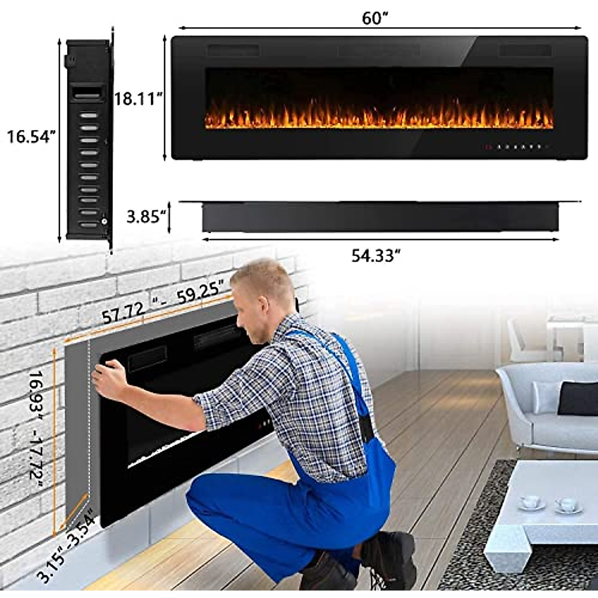 BOSSIN 60 inch Ultra-Thin Silence Linear Electric Fireplace, Recessed Wall Mounted Fireplace, Fit for 2 x 4 and 2 x 6 Stud, 12 Adjustable Flame Color & Speed,Touch Screen Remote Control with 8h Timer