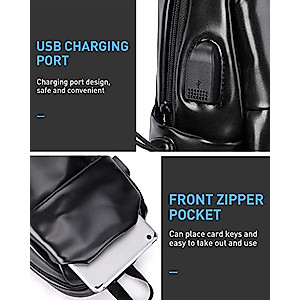 SEAFEW Black Leather Small Sling Bag Crossbody Backpack Shoulder Bag for Men Women, Hiking Daypack Multipurpose Anti-Theft Cross Body Chest Bags, One Strap Backpack for Walking Biking Travel Cycling