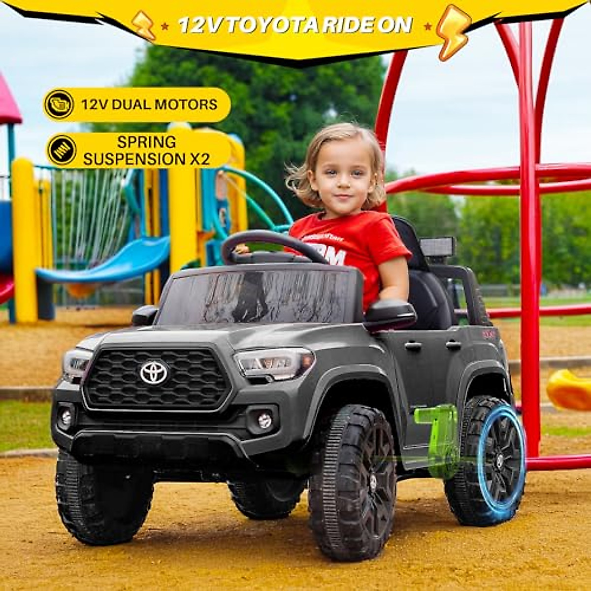 Blitzshark 12V Kids Ride on Car Licensed Toyota Tacoma Battery Powered Motorized Electric Vehicle, with Remote Control, Digital Display, Spring Suspension, Storage Space, Music & FM, Grey