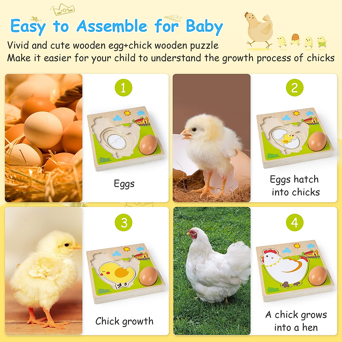 Funsland Wooden Puzzles for Toddlers Age 1-3, Montessori Toddler Toys Jigsaw Chick Growth Toddler Puzzles Ages 2-4, Educational Learning Puzzles for Kids Ages 3-5, Birthday Gifts for Baby Girls Boys