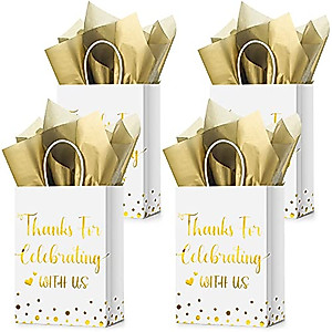 24 Pcs Wedding Gift Bag with Tissue Paper Thanks for Celebrating with Us Paper Bags Gold Wedding Gift Bags with Handle for Hotel Guests Wedding Gift Bag for Bridal Shower Party Favor (White)