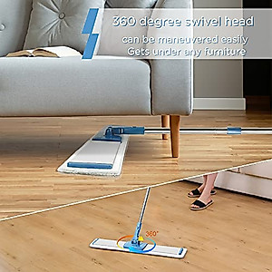 CQT Commercial Flat Microfiber Floor Mop Cleaning System 24" Inch Wet Dry and Dust Hardwood with 4 Washable Pads Cleaner for Laminate Tile Stainless Steel Handle and Extension (Blue)