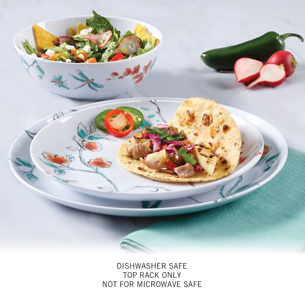 Martha Stewart Dragonfly Decorated Melamine Dinnerware Set - White, Service for 4 (12pcs)