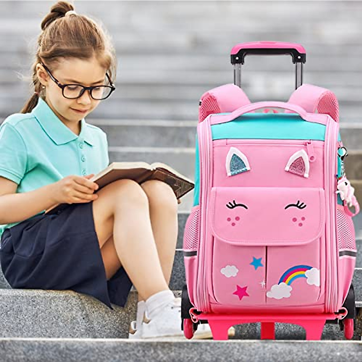 Girls Rolling Backpack with 6 Wheels, 16 Inch Lightweight Roller Backpacks for girls Elementary, Carry-on wheeled backpack for School Travel, 4+ Years Old, Pink