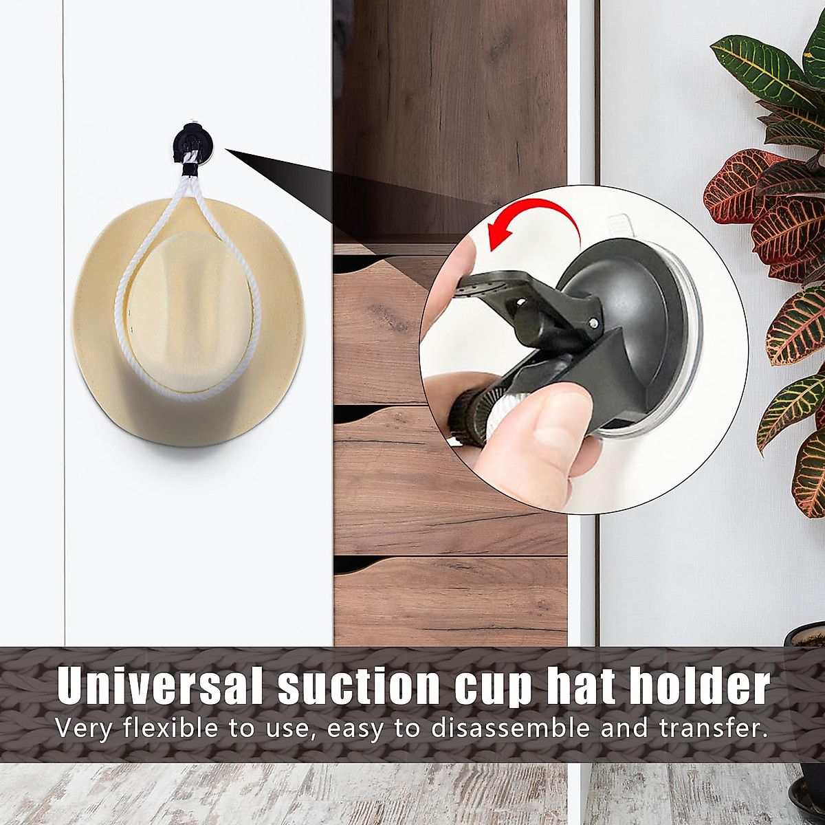 Yumfugu 1 PC Car Cowboy Hat Mounts with 35.4In Rope, 2.6In Plastic Automotive Dash Hat Rack Suction Cup Hook, Universal Vehicle Hat Holder Accessories for Cars Trucks SUVs Home Doors (Gray)