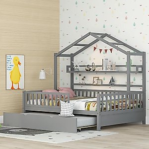 Bellemave Full Size House Bed with Trundle for Kids,Wooden Full Platform Bed Frame with Storage Shelves,Montessori Bed for Teens,Girls & Boys (Gray)