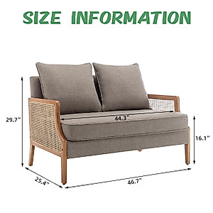 Aklaus 45" W Fabric Small loveseat with Natural Rattan Arms,Upholstered Modern Mini Sofa Linen Couch Taupe Settee Bench with Back for Living Room Bedroom Office Small Space Entryway Grey Brown