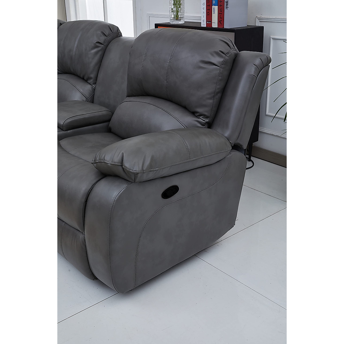 Betsy Furniture Bonded Leather Sectional in Multiple Colors, Sectional with 3 Reclining Seats, Console (Grey, Left Console Sectional)