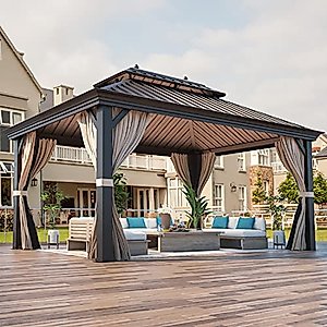 YOLENY 12' x 16' Hardtop Gazebo with Galvanized Steel Double Roof, Pergolas Aluminum Frame, Netting and Curtains Included, Metal Outdoor Gazebos for Garden, Patios, Lawns, Parties