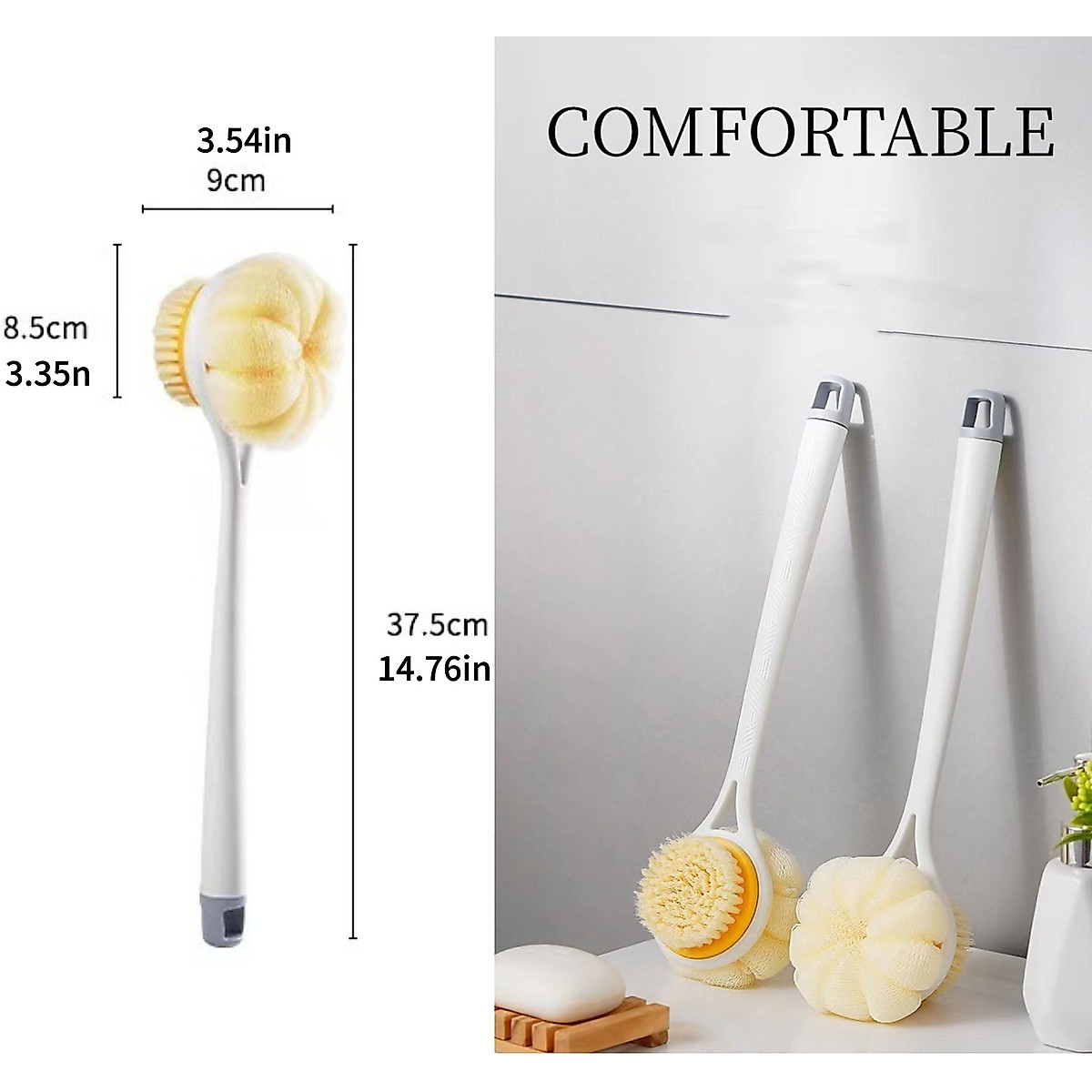 Back Scrubber for Shower, Body Scrubber with Soft Bristles and Loofah, Dual-Sided Long Handle Bath Brush Skin Exfoliator Wet or Dry Body Brush, for Men Women, Anti Slip Handle, Shower Back Washer