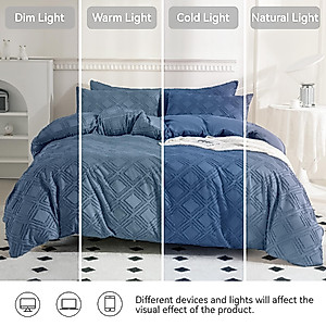JELLYMONI Blue Duvet Cover Queen Size - 3 PCS Microfiber Tufted Duvet Cover Set, Boho Textured Duvet Cover Jacquard Rhombus Geometric Pattern Duvet Cover with Corner Ties & Zipper Closure