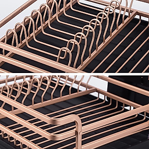 ZEAYEA Aluminum Dish Drying Rack, Rustproof Dish Rack and Drainboard with Adjustable Swivel Spout, Rose Gold Dish Rack with Removable Drainer Tray and Utensil Holder for Kitchen Counter