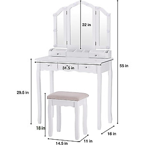 BLEXA White Makeup Vanity Table Set Vanity Desk with Light and Mirror Vanity Table with Drawers and Cushioned Stool Makeup Table with Mirror for Women and Girls(White) ﻿