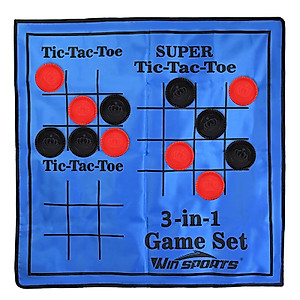 Win SPORTS 3 in 1 Giant Checkers Game Set,Super Tic Tac Toe,Including Reversible Rug with 24 Checkers,Indoor and Outdoor Activity for Kids or Adults,Board Game,Yard Game