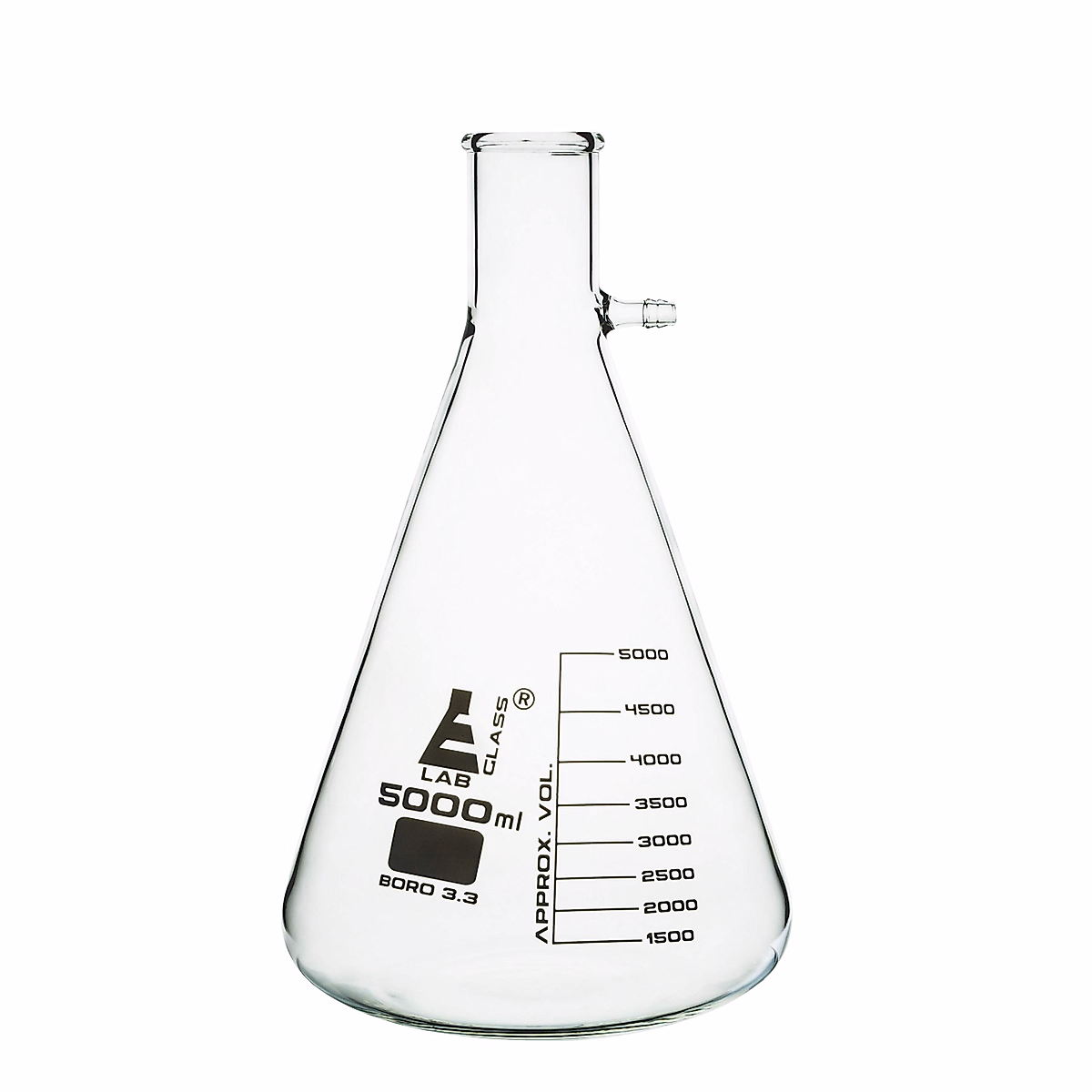 Filtering Flask, 5000ml - Borosilicate Glass - Heavy Walled - Conical Shape, with Integral Side Arm - White Graduations - Eisco Labs