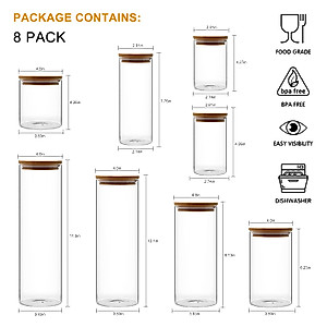 Salzesfalls Glass Canisters Set of 8 Glass Kitchen Canisters with Airtight Bamboo Lid, Glass Storage Jars for Coffee Beans, Flour, Snack, Pasta