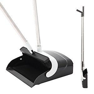 Upgrade Large Broom and Dustpan, Broom and Dustpan Set, Heavy Duty Dust Pan with 55" Long Handle Upright Dustpan Broom Set, Broom for Indoor Outdoor Garage Kitchen Room Office Lobby Use (Black)