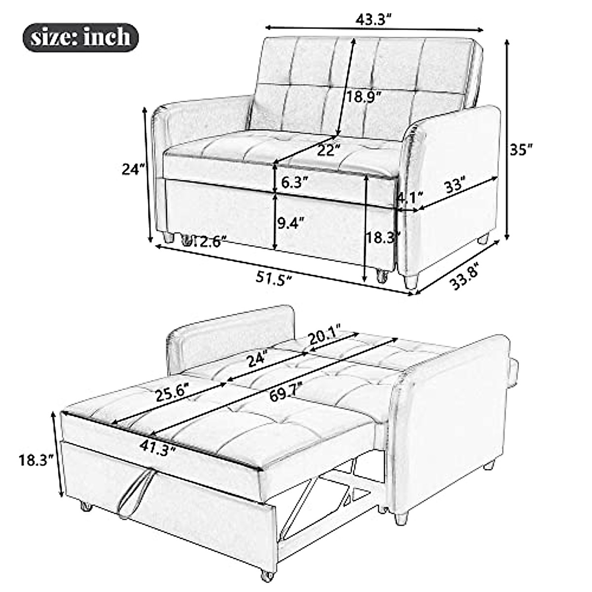 Eafurn Futon Loveseat Couch with Pull Out Bed,3-in-1 Multi-Functional Upholstery Convertible Sleeper Sofa Reclining Chaise Lounge with Adjustable Backrest, Sofacama for Living Room, Small Space