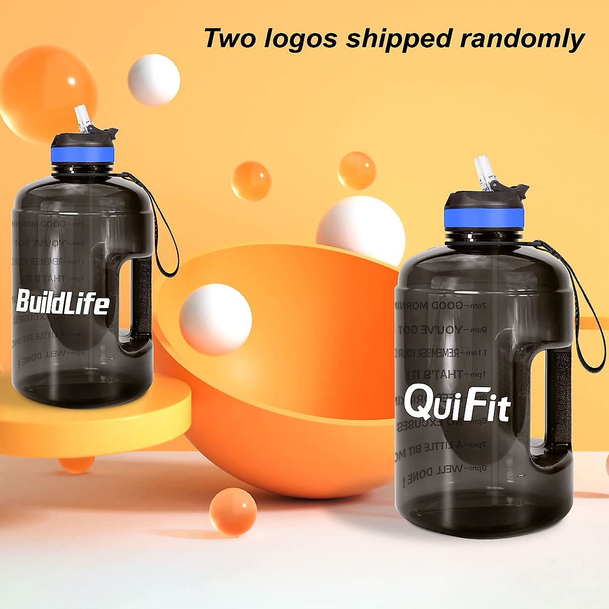 QuiFit Motivational Gallon Water Bottle - with Straw & Time Marker BPA Free Large Reusable Sport Water Jug with Handle for Fitness Outdoor Enthusiasts Leak-Proof(Black,1 gallon)