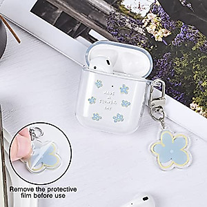 Newseego Compatible with Airpods 1&2 Case, Cute Clear Girl Fashion Blue Small Flower Design Full Protective Soft Silicone Cover with Blue Small Flower Keychain for Kids and Womens -Blue Flower