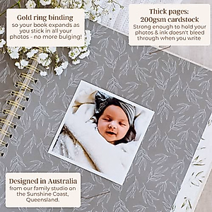 Peachly Unisex Baby Memory Book | Minimalist First Year Keepsake for Milestones | Simple Scrapbook Baby Books for Boy or Girl | 60 Pages Natural Linen - Olive, 9.75 inches x 11.25 inches
