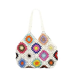 Bohemian Crochet Women Bags Plaid Lady Handbags Handmade Woven Knitted Summer Beach Bag Small Tote Bali Purses White