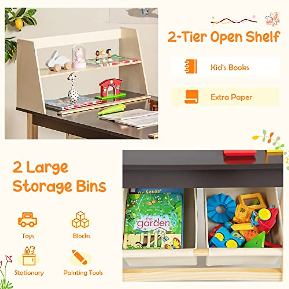 HONEY JOY Kids Art Table and Chair Set, Wooden Drawing Desk and 2 Stools w/Paper Roll, Open Shelf, Toddler Activity & Crafts Table w/Storage Bins, Children Furniture Set for Boys Girls Ages 3+