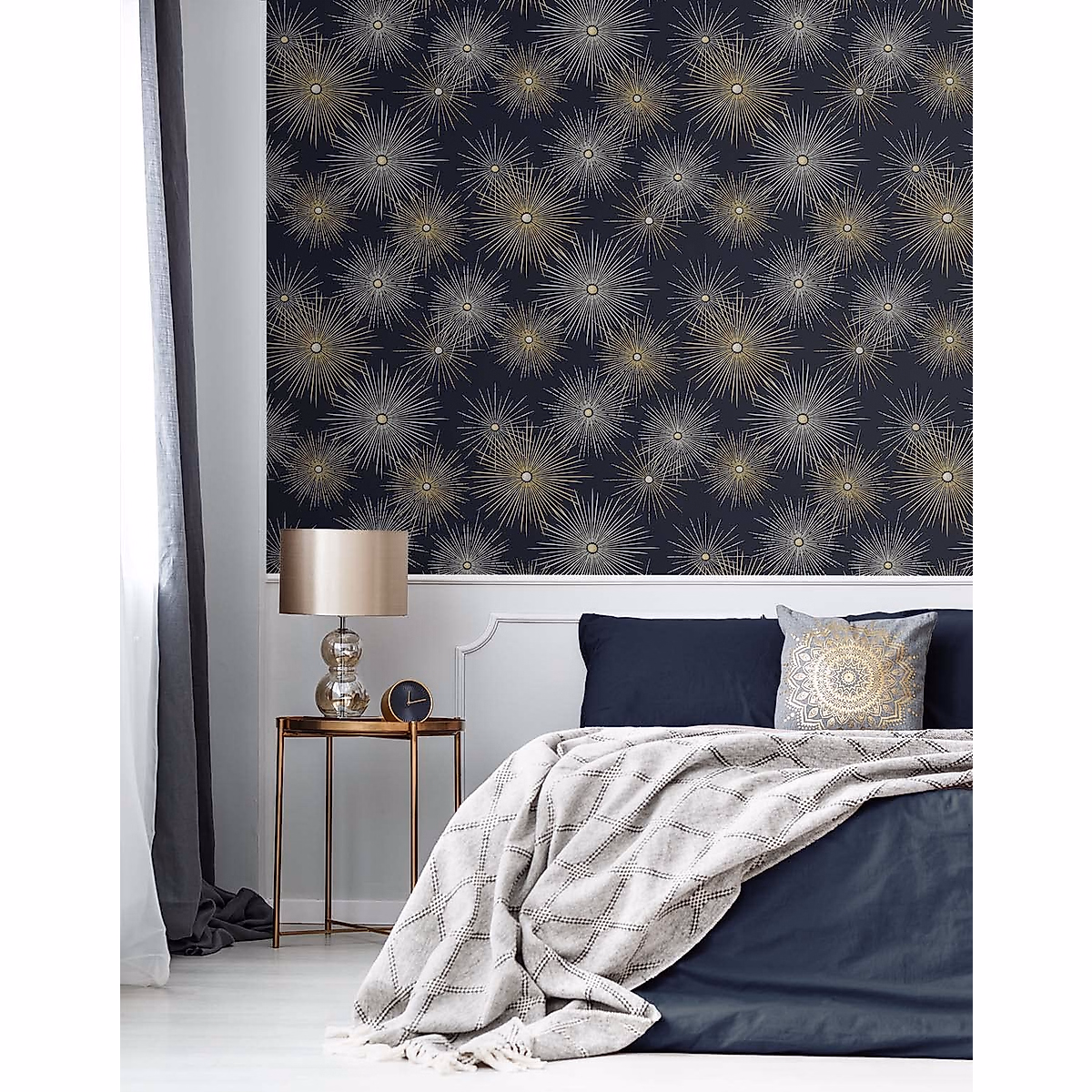 NextWall Starburst Geo Mid Century Peel and Stick Wallpaper (Midnight Blue & Metallic Gold)