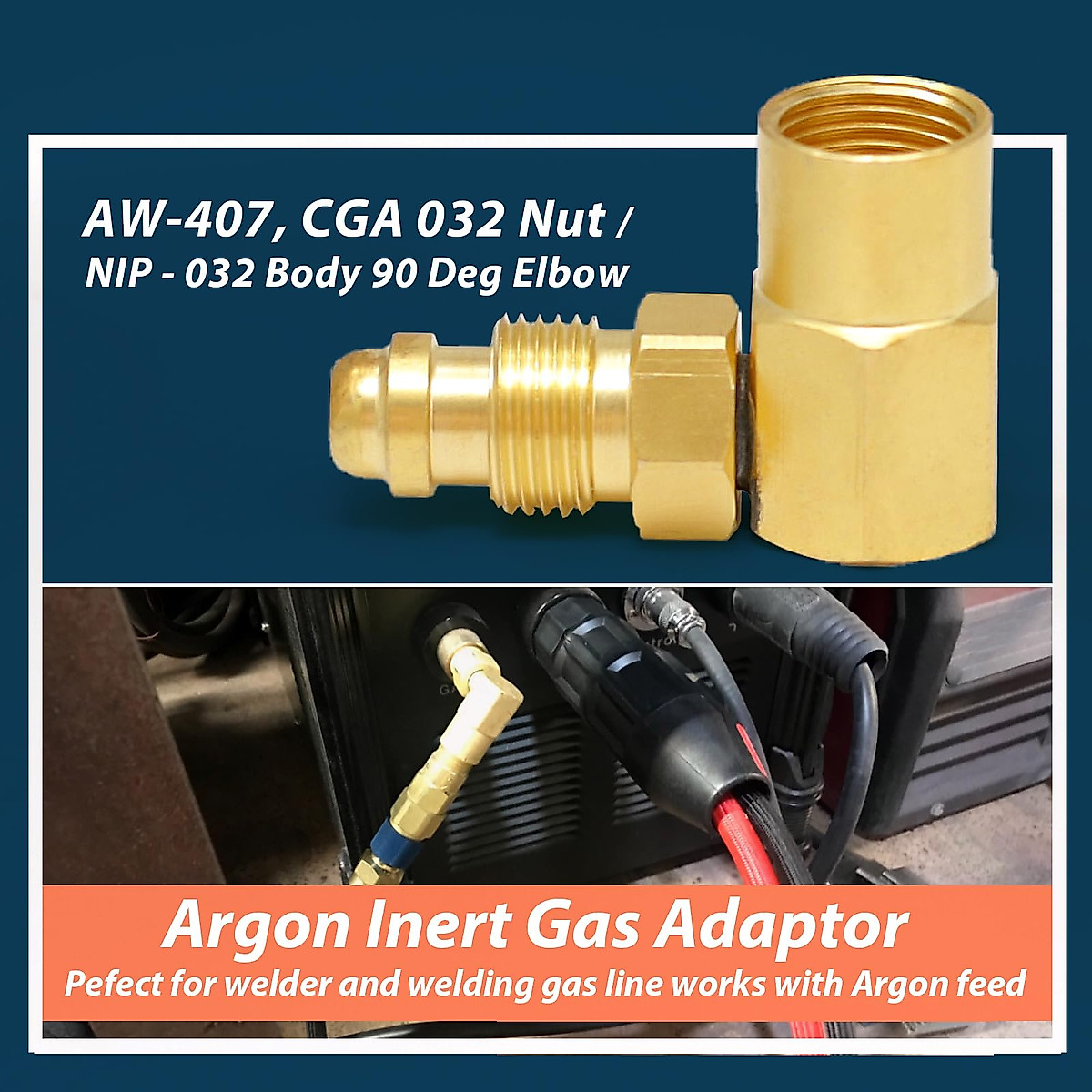 AW-407, CGA 032 Nut/NIP - 032 Body 90 Deg Elbow Argon Inert Gas Adaptor Compatible with Everlast TIG MIG Welder