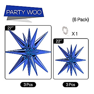 PartyWoo Dark Blue Star Balloons 6 pcs, One-Piece 14-Pointed Starburst Balloons, 27 & 22 inch Star Explosion Balloons with Ribbon, Point Star Foil Balloons, Large Mylar Balloons for Party Decorations