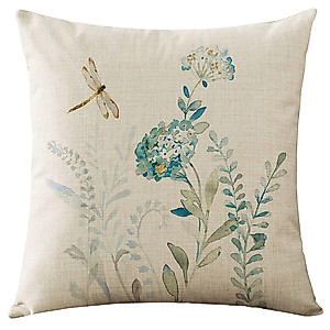 WOMHOPE Decorative Throw Pillow Covers Spring Flower Bird Butterfly Pillow Cases Cushion Cases Burlap Toss 18 x 18 Inch,Set of 4 for Living Room,Couch and Bed (Small Blue Flower)