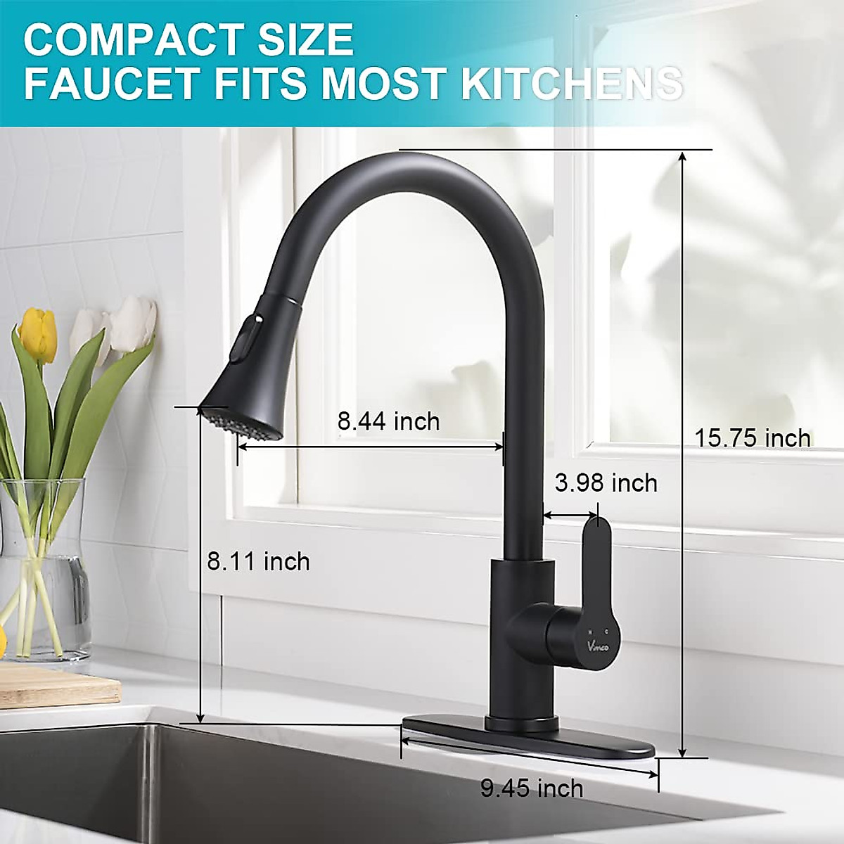 Vimco Kitchen Faucet with Pull Down Sprayer, Single Handle High Arc Faucet 1&3 Hole with Deck Plate, Kitchen Sink Faucet with Sprayer 1.8 GPM, Matte Black