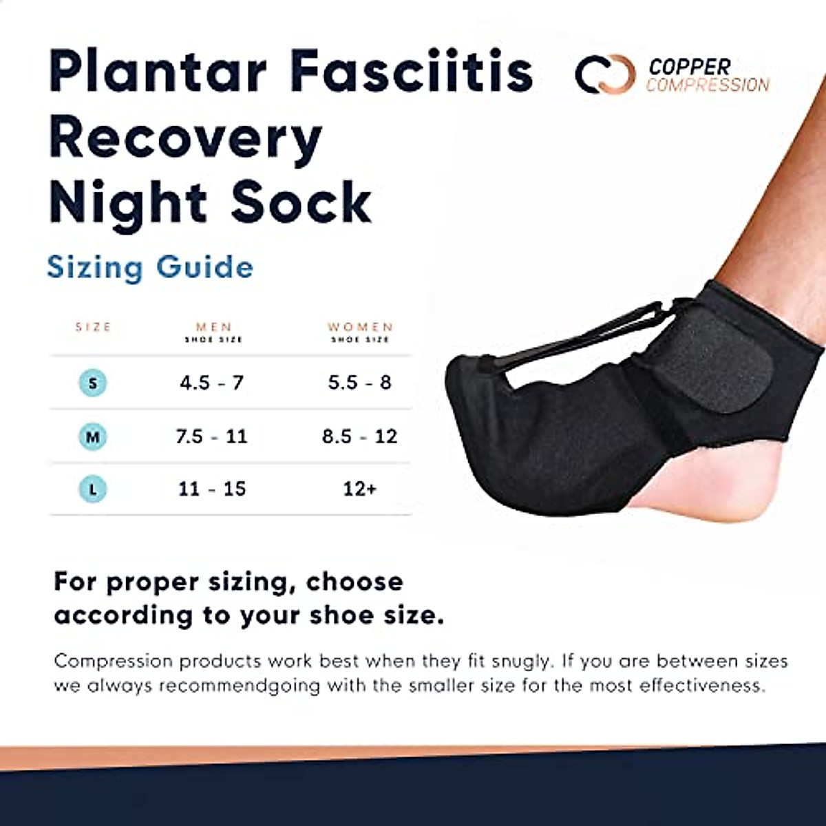 Copper Compression Plantar Fasciitis Night Splint Sock. Planter Fasciitis Support Dorsal Drop Foot Brace for Right or Left Foot. Soft Stretching Boot Splints for Feet, Sleep, Recovery Socks, Braces