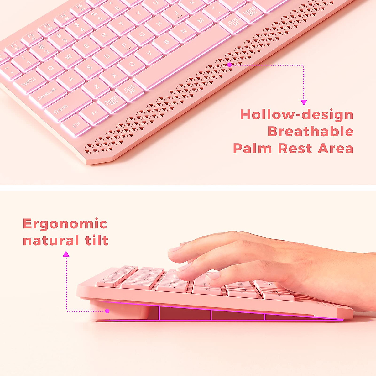 Backlit Bluetooth Keyboard for Mac/ Windows, Multi Device Ergonomic Wireless Rechargeable Mac Keyboard with 7-Colors Lights Compatible with Windows, Mac OS, Android, MacBook Air/Pro, Tablet-Pink