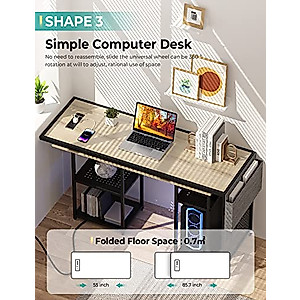55" L Shaped Computer Desk with Power Outlets for Home Office Desks, Wooden Gaming Desk with Storage Shelves/Bag, Modern Simple Corner Desk for Small Space Student Study Writing L Shaped Desk, Oak